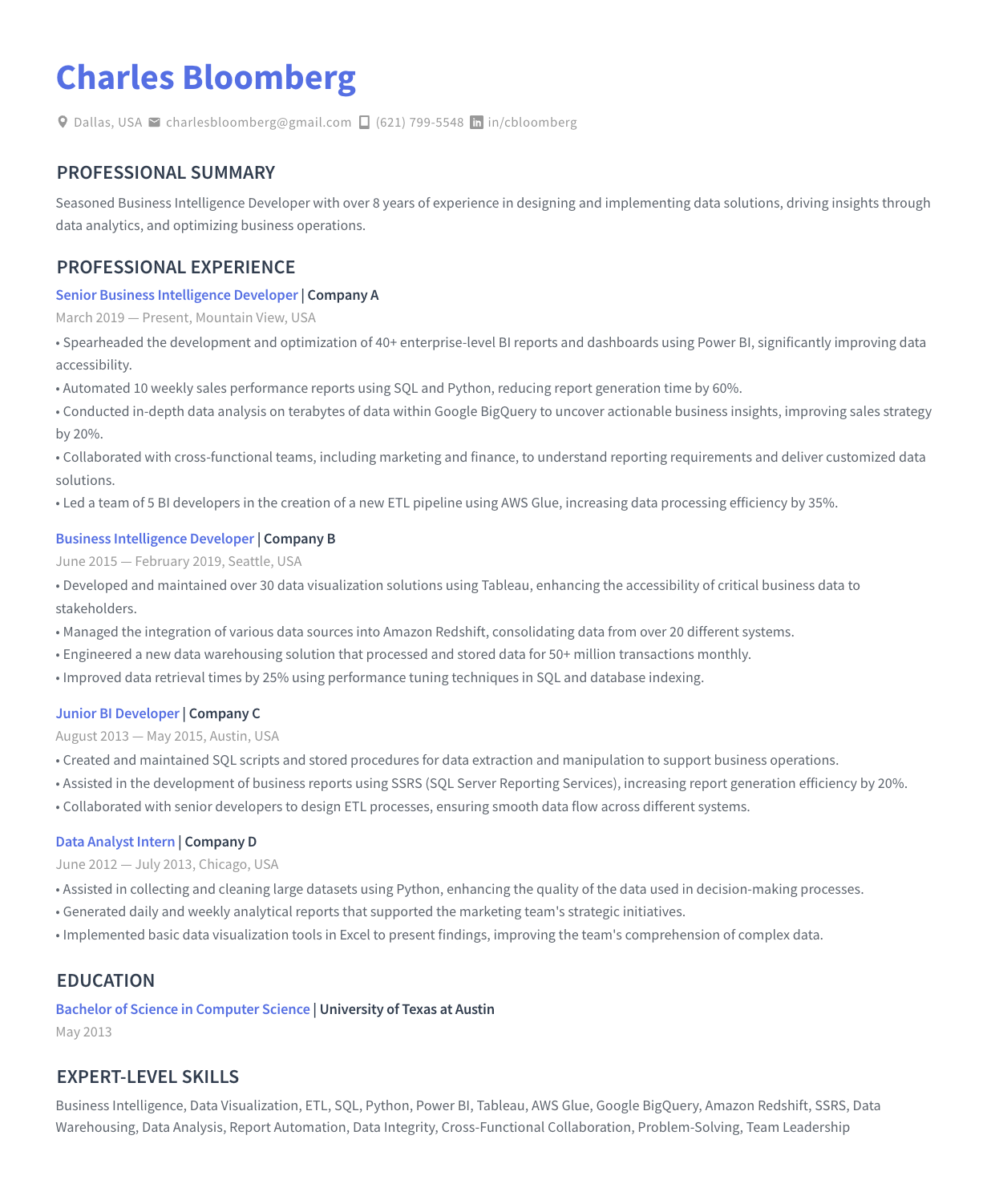 20+ Business Intelligence Developer Resume Examples